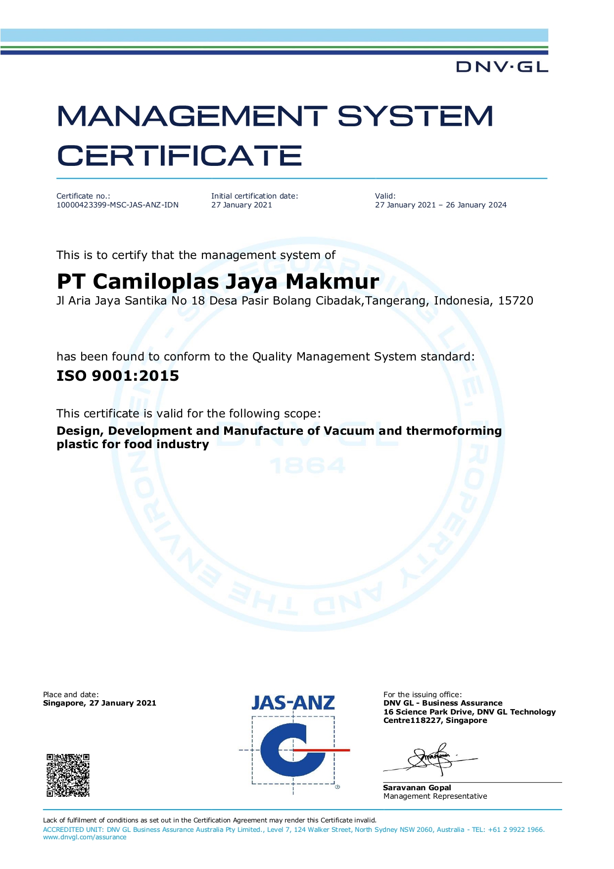 CERTIFICATE - PT. Camiloplas Jaya Makmur adalah perusahaan ...